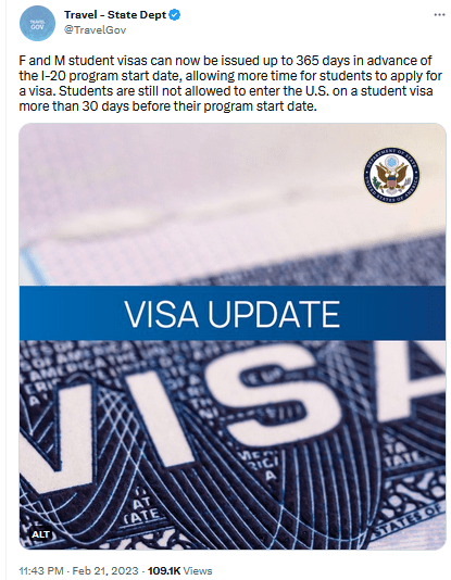 US Student Visa Now Apply 1 Year Before Term Start Date